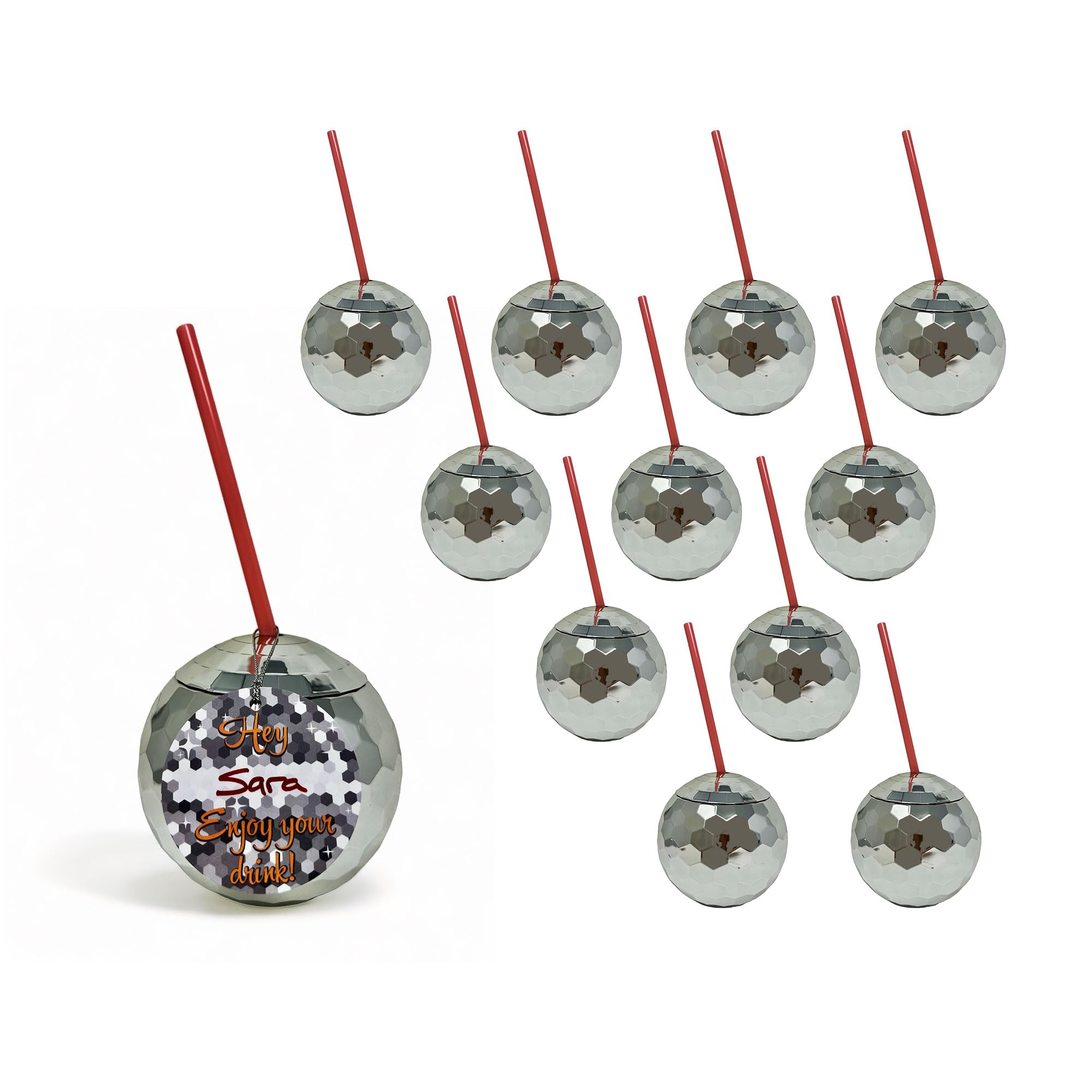 Bolaras Silver Disco Ball Cups (12 Pack) with Name Tags, Lids, and Straws, Cocktail Cup for Bachelorette Party Decorations, Disco Ball Cup for Parties Bulk, Glass for Vacation