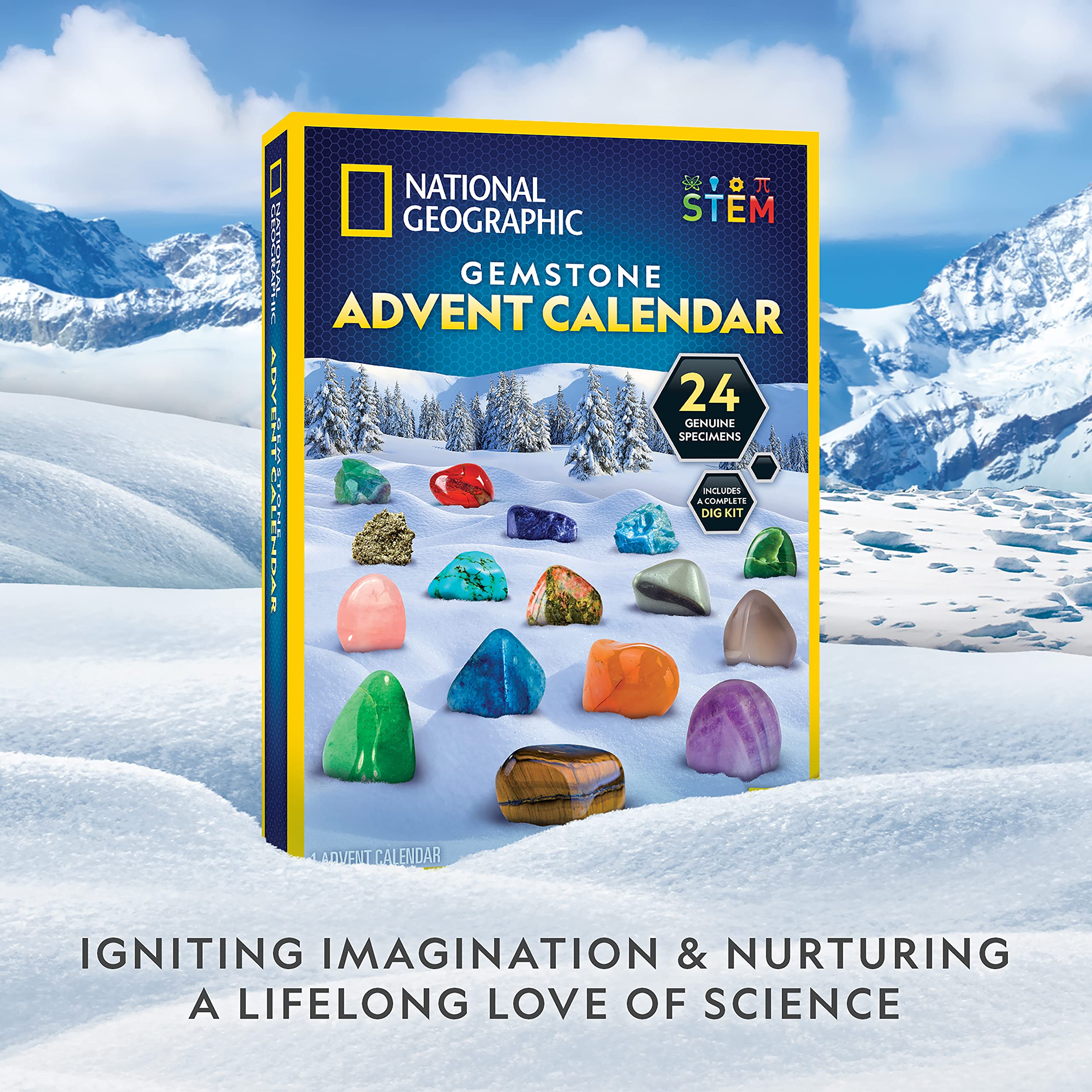 NATIONAL GEOGRAPHIC Gemstone Advent Calendar - 2024 Advent Calendar for Kids with 24 Gemstones to Open Each Day, a Complete Rock Collection Christmas Countdown Calendar with Mini Gemstone Dig Kit