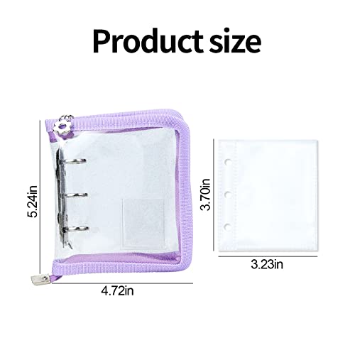 MultiBey Transparent Mini Binder 3 Ring, Glitter PVC Zipper Binder 3.7'' x 5.2'' for Cards Photos with 20 Card Slots (Purple)