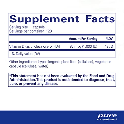 Pure Encapsulations Vitamin D3 25 mcg (1,000 IU) | Supplement to Support Bone, Joint, Breast, Heart, Colon and Immune Health* | 120 Capsules