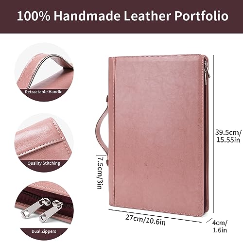 Geslun Vegan Leather 3 Ring Binder Portfolio, 8.5 x 14 Legal Size Pad Holder, Hidden Handle, Zippered Padfolio with 15” Laptop Organizer, Professional Business Folio for Women, Pink