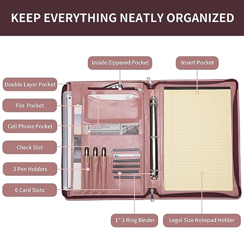Geslun Vegan Leather 3 Ring Binder Portfolio, 8.5 x 14 Legal Size Pad Holder, Hidden Handle, Zippered Padfolio with 15” Laptop Organizer, Professional Business Folio for Women, Pink