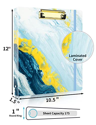 3 Ring Binder 1 Inch, SUNEE Cute Binder with Clipboard, 2 Pockets, 5 Tab Dividers & Label Stickers, Decorative Blue Marble Heavy Duty Three Ring Binder (Fit 8.5x11) for Office Binder Supplies