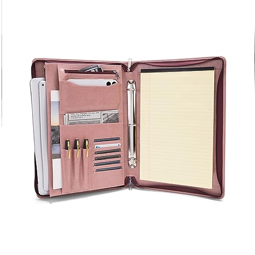 Geslun Vegan Leather 3 Ring Binder Portfolio, 8.5 x 14 Legal Size Pad Holder, Hidden Handle, Zippered Padfolio with 15” Laptop Organizer, Professional Business Folio for Women, Pink