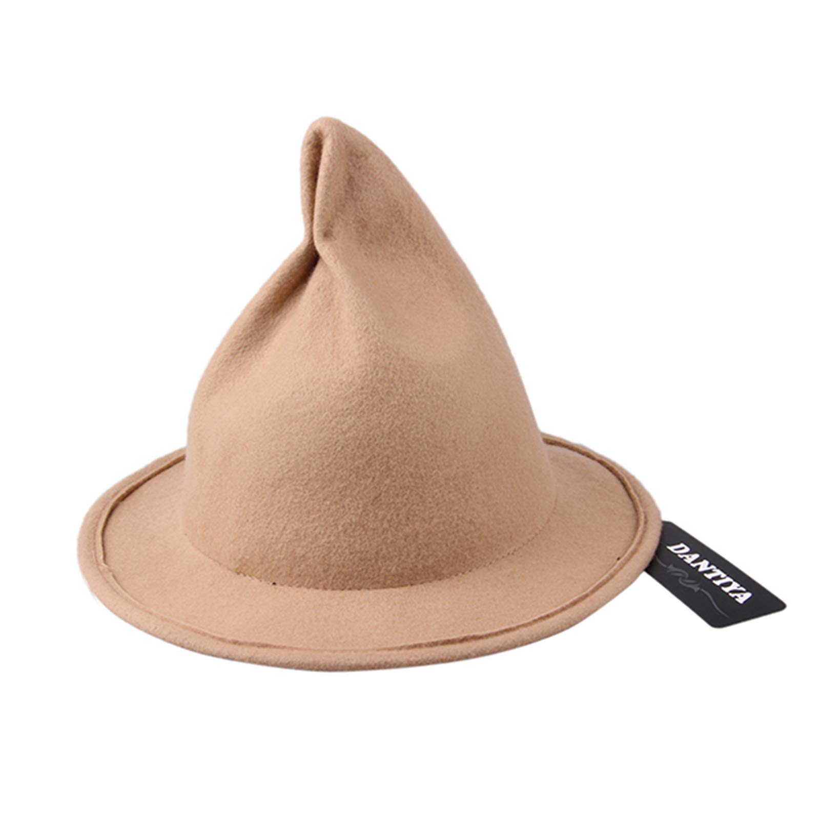 DANTIYA Women's Wool Felt Candy Colored Sharp Pointed Witch Hat for Halloween Party and Daily Khaki