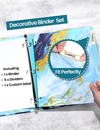 3 Ring Binder 1 Inch, SUNEE Cute Binder with Clipboard, 2 Pockets, 5 Tab Dividers & Label Stickers, Decorative Blue Marble Heavy Duty Three Ring Binder (Fit 8.5x11) for Office Binder Supplies