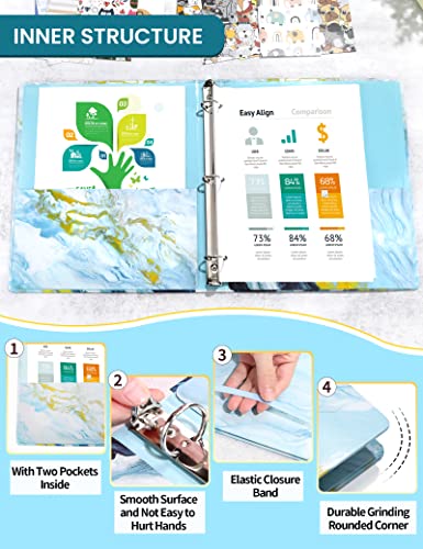 3 Ring Binder 1 Inch, SUNEE Cute Binder with Clipboard, 2 Pockets, 5 Tab Dividers & Label Stickers, Decorative Blue Marble Heavy Duty Three Ring Binder (Fit 8.5x11) for Office Binder Supplies