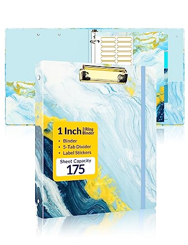 3 Ring Binder 1 Inch, SUNEE Cute Binder with Clipboard, 2 Pockets, 5 Tab Dividers & Label Stickers, Decorative Blue Marble Heavy Duty Three Ring Binder (Fit 8.5x11) for Office Binder Supplies