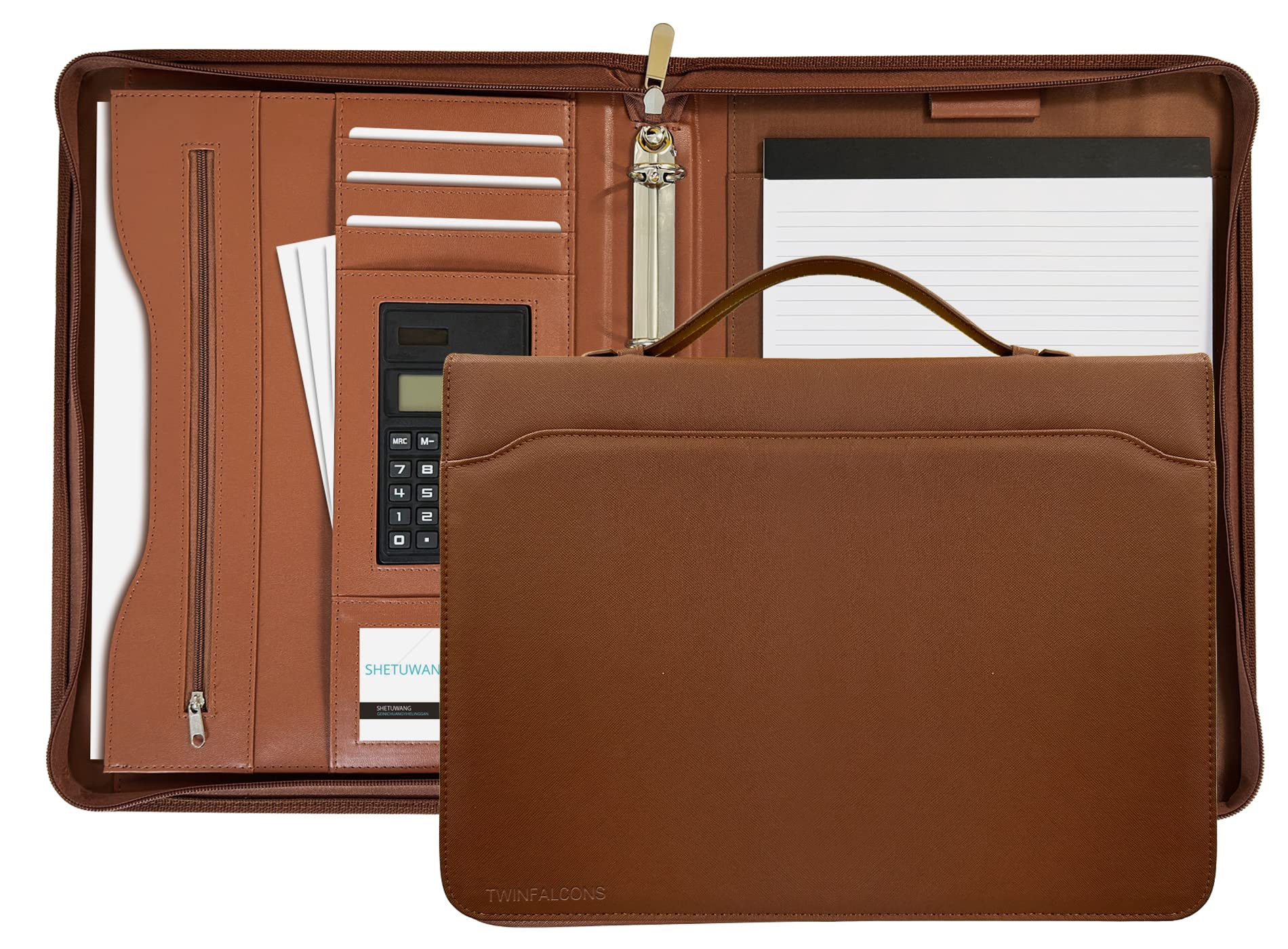 Portfolio Binder Organizer PU Leather Padfolio with 4 Ring Binder & Handle Zipper Padfolio for Documents Resume Tablet Business Cards Notebook Organizer Solar Calculator Included (Brown 4-Ring)