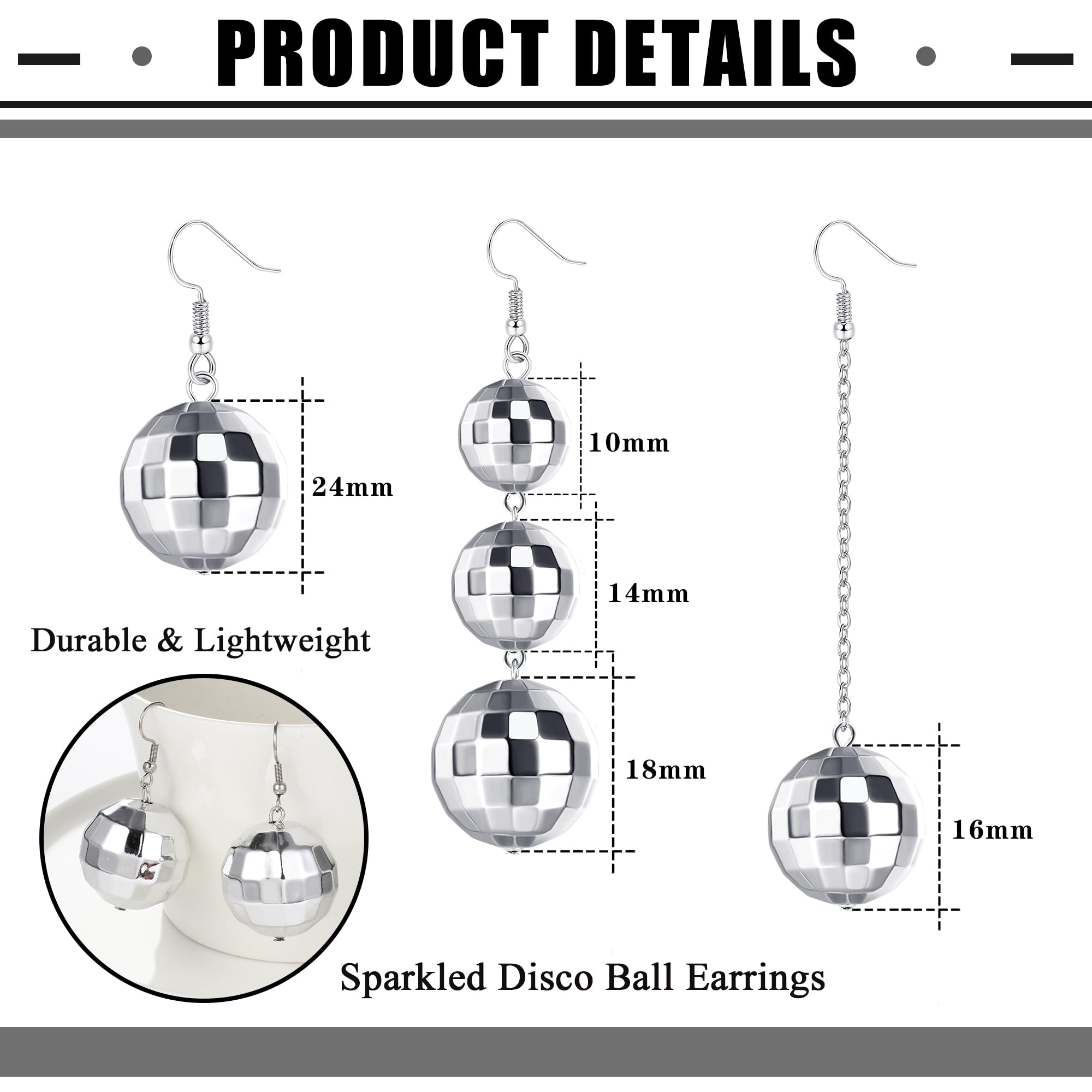 THUNARAZ 8 Pairs Sparkled Disco Ball Earrings for Women Silver Mirror Ball Dangle Earrings 60s 70s Disco Earrings Halloween Party Disco Outfit Costume Accessories