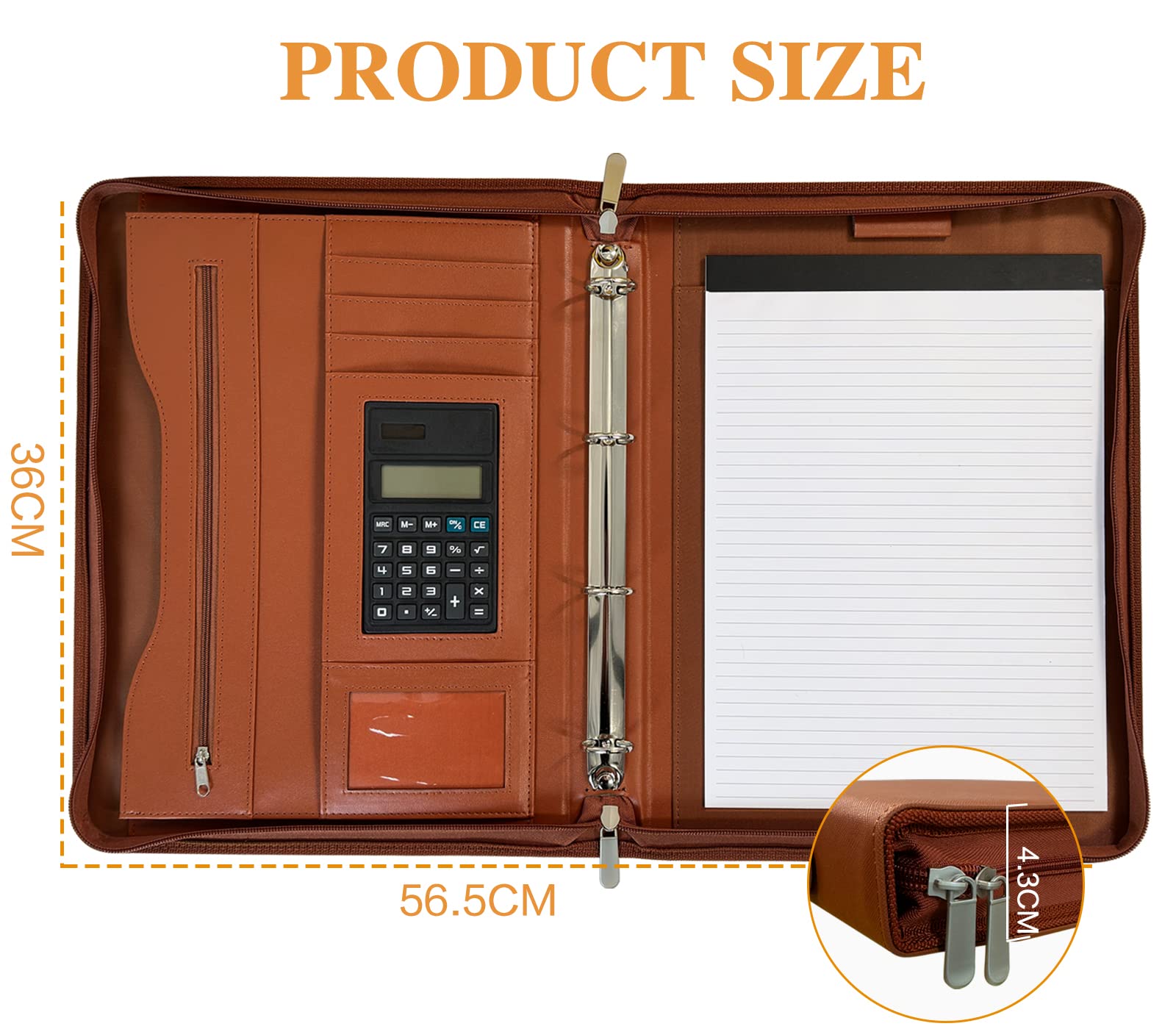 Portfolio Binder Organizer PU Leather Padfolio with 4 Ring Binder & Handle Zipper Padfolio for Documents Resume Tablet Business Cards Notebook Organizer Solar Calculator Included (Brown 4-Ring)