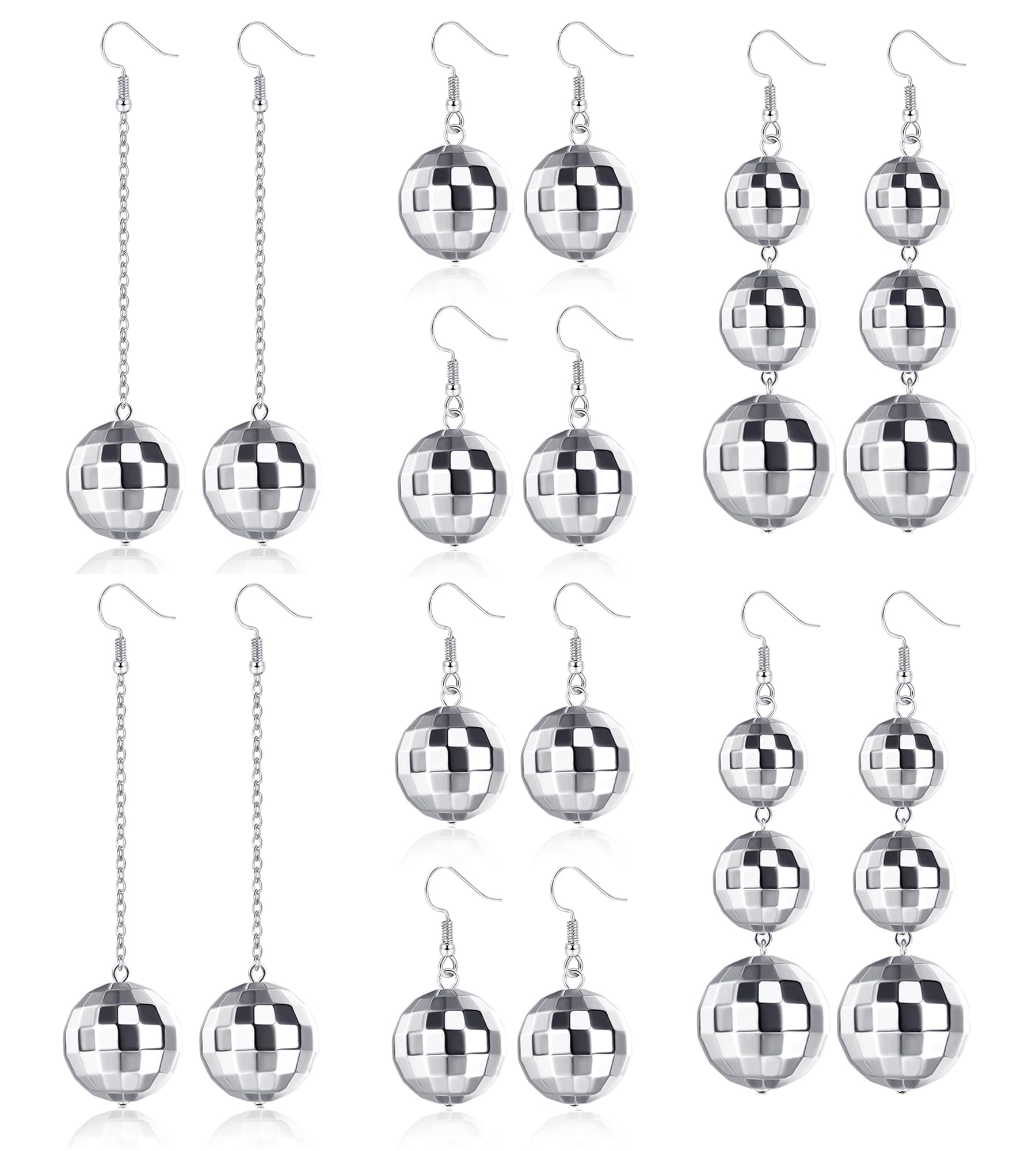THUNARAZ 8 Pairs Sparkled Disco Ball Earrings for Women Silver Mirror Ball Dangle Earrings 60s 70s Disco Earrings Halloween Party Disco Outfit Costume Accessories