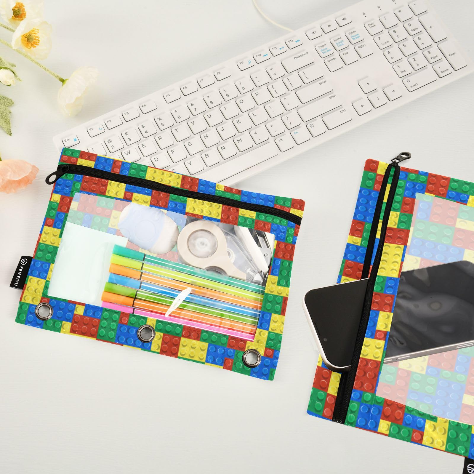 Gredecor Binder Pencil Pouch 3 Ring Plastic Building Blocks Zipper Pencil Pouches Case 2 Pack Clear Binder Organizer for School Office