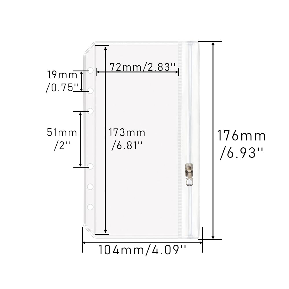 12pcs A6 Binder Pockets with Clear Zipper 6 Holes Budget Cash Envelopes Metal Zip Puller Loose Leaf Bags Waterproof PVC Pouches Multipurpose Document Folders for Storage