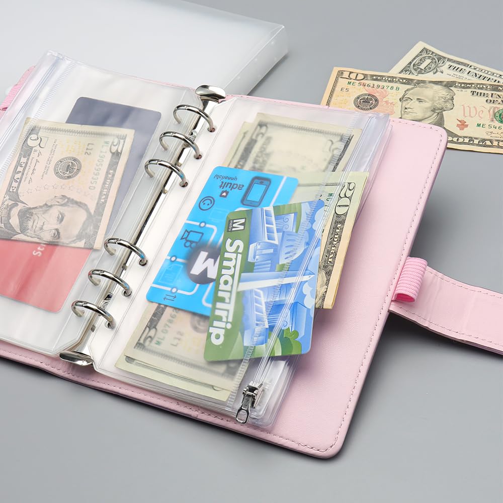 12pcs A6 Binder Pockets with Clear Zipper 6 Holes Budget Cash Envelopes Metal Zip Puller Loose Leaf Bags Waterproof PVC Pouches Multipurpose Document Folders for Storage