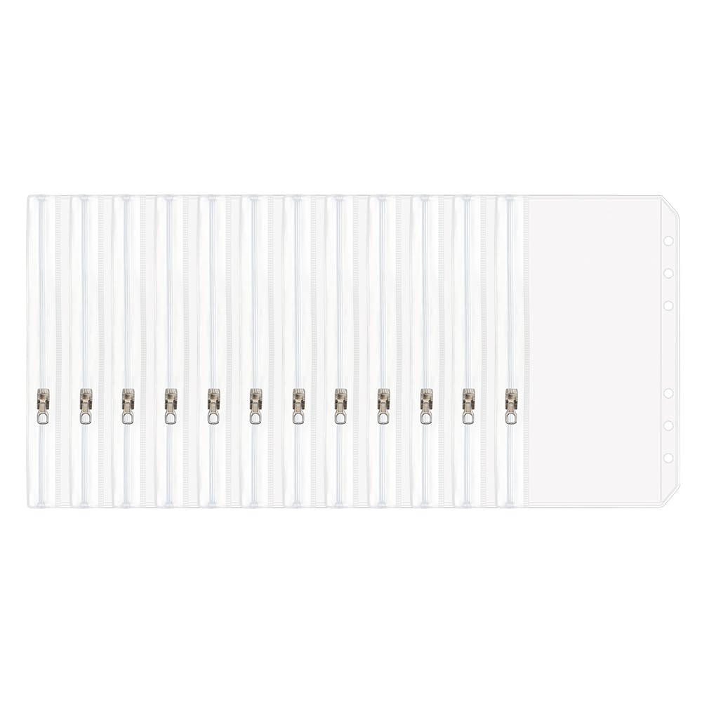 12pcs A6 Binder Pockets with Clear Zipper 6 Holes Budget Cash Envelopes Metal Zip Puller Loose Leaf Bags Waterproof PVC Pouches Multipurpose Document Folders for Storage