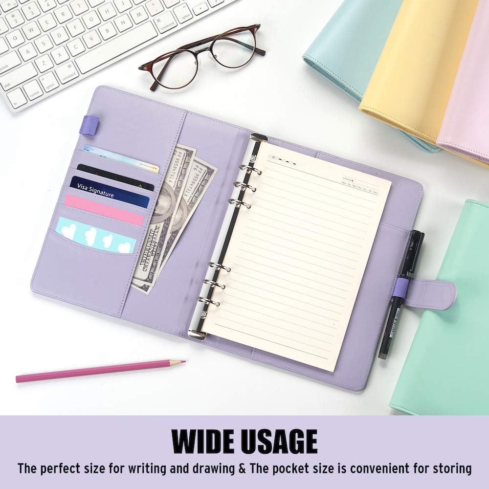 Sooez A5 Notebook Photocard Binder, 6 Ring Planner, Stylish Loose Leaf Personal Organizer Cover with Magnetic Buckle, PU Leather Binder Women with Macaron Colors (Mint Green)