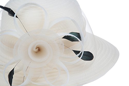 DANTIYA Lady Derby Dress Church Bow Bucket Wedding Bowler Hats Wide Brim Beach UPF Protection Cap (Beige, Free)