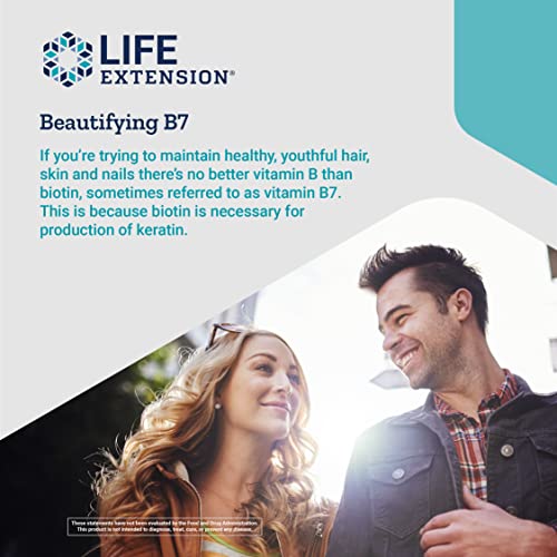 Life Extension Biotin 600 mcg Vitamin B7 Support Supplement for Beautiful Hair, Nails & Beyond β Gluten-Free, Non-GMO - 100 Capsules