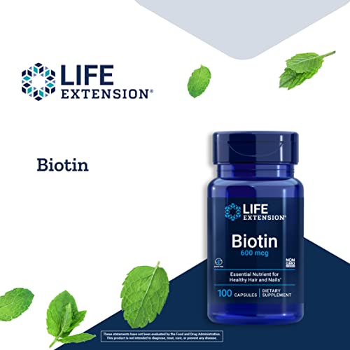 Life Extension Biotin 600 mcg Vitamin B7 Support Supplement for Beautiful Hair, Nails & Beyond β Gluten-Free, Non-GMO - 100 Capsules