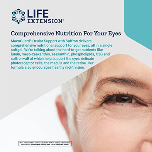Life Extension MacuGuard Ocular Support with Saffron - Eye Health Supplement - Lutein, Astaxanthin & Zeaxanthin β Once-Daily, Non-GMO, Gluten-Free - 60 Softgels
