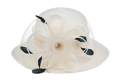 DANTIYA Lady Derby Dress Church Bow Bucket Wedding Bowler Hats Wide Brim Beach UPF Protection Cap (Beige, Free)