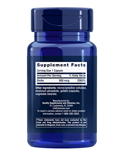 Life Extension Biotin 600 mcg Vitamin B7 Support Supplement for Beautiful Hair, Nails & Beyond β Gluten-Free, Non-GMO - 100 Capsules