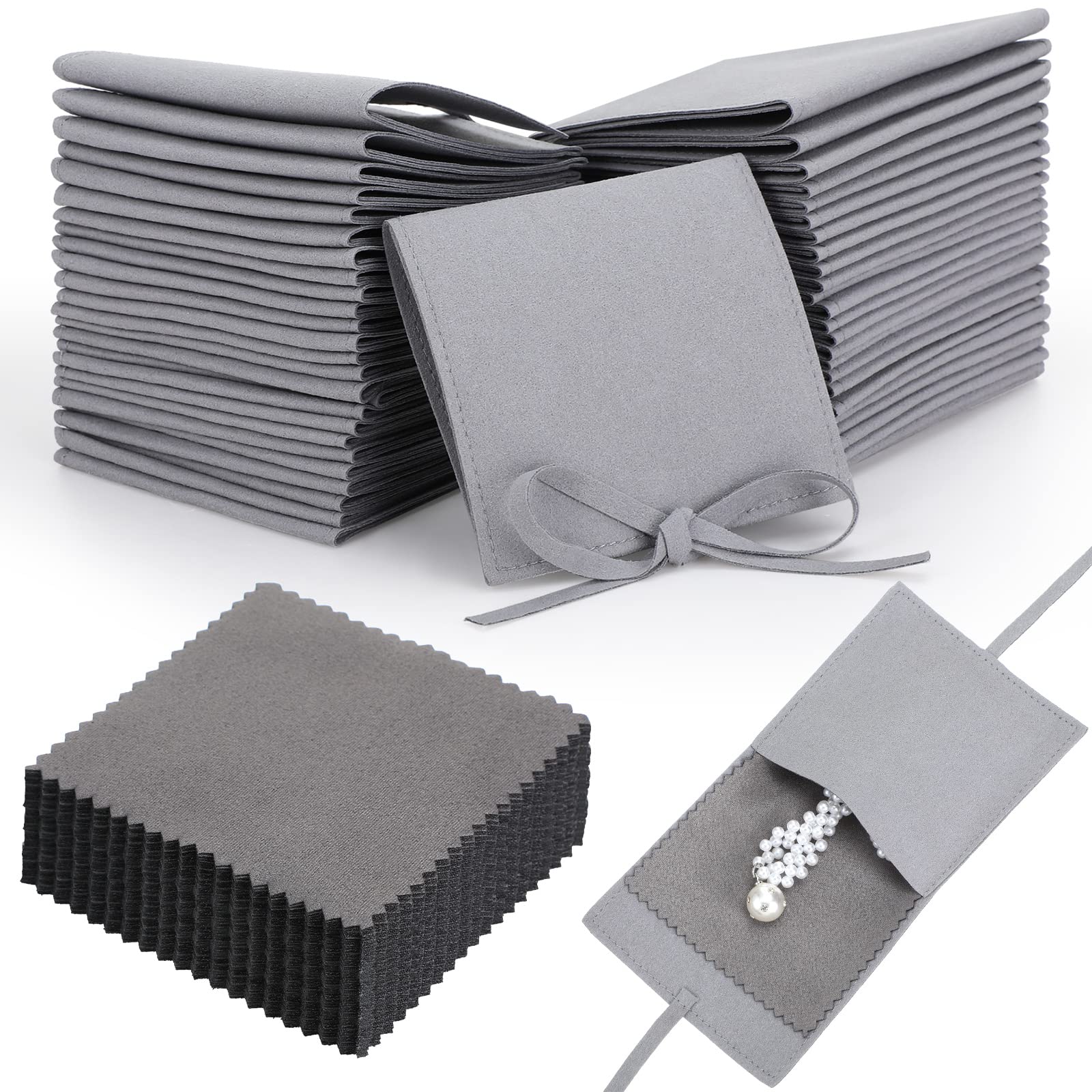 120 Pcs Microfiber Jewelry Pouch 8 x 8cm Jewelry Packaging Bag Gift Bow Tie Bracelet with Cleaning Cloth(Gray)