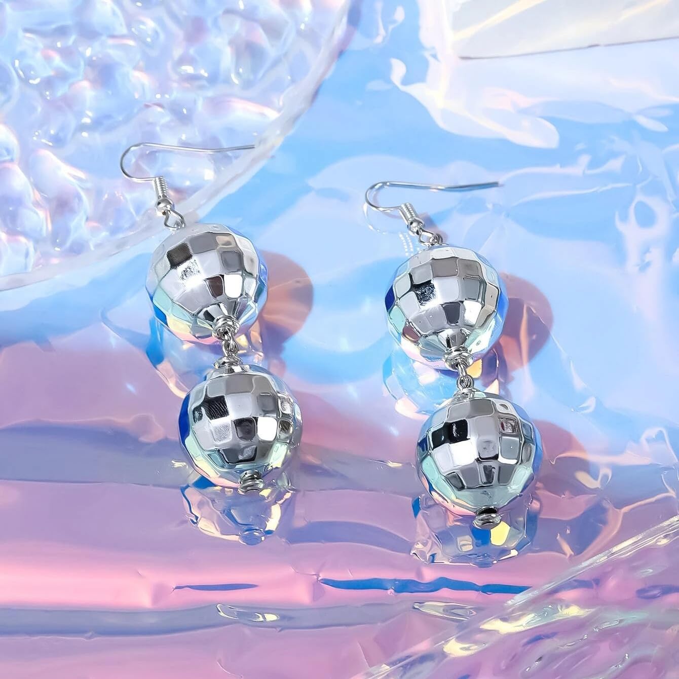 Disco Ball Earrings 60's 70's Silver Mirror Disco Ball Sunflower Pendant Ball Earrings Masquerade Costume Halloween Accessories- 2 silver