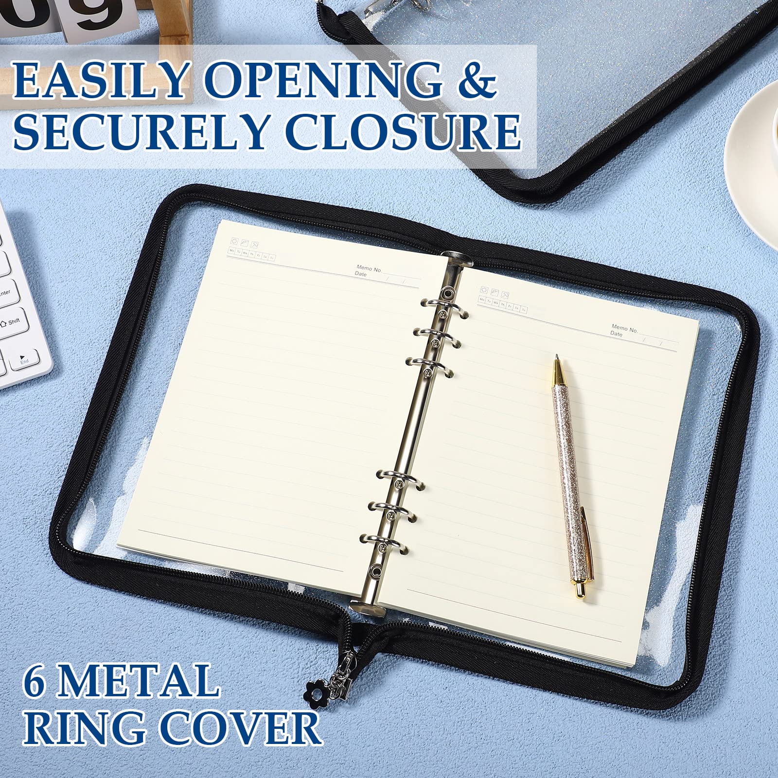 4 Pcs A5 Binder Photocard Binder with Inner 6 Ring, Clear K-Pop A5 Album PVC Photo Album Organizer with Zipper, Soft Reusable Notebook Shell,10"x7"(Black)