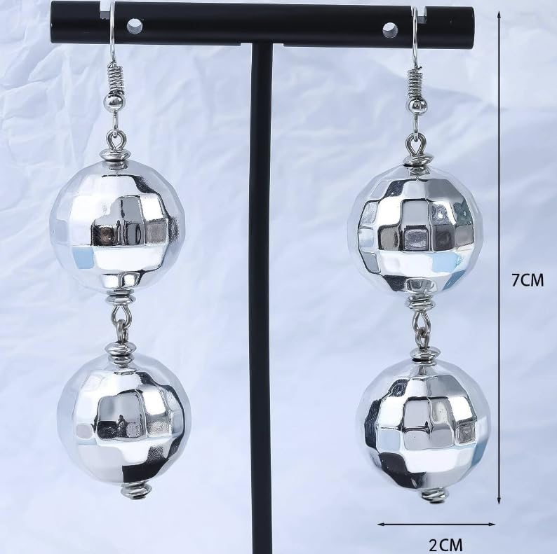 Disco Ball Earrings 60's 70's Silver Mirror Disco Ball Sunflower Pendant Ball Earrings Masquerade Costume Halloween Accessories- 2 silver