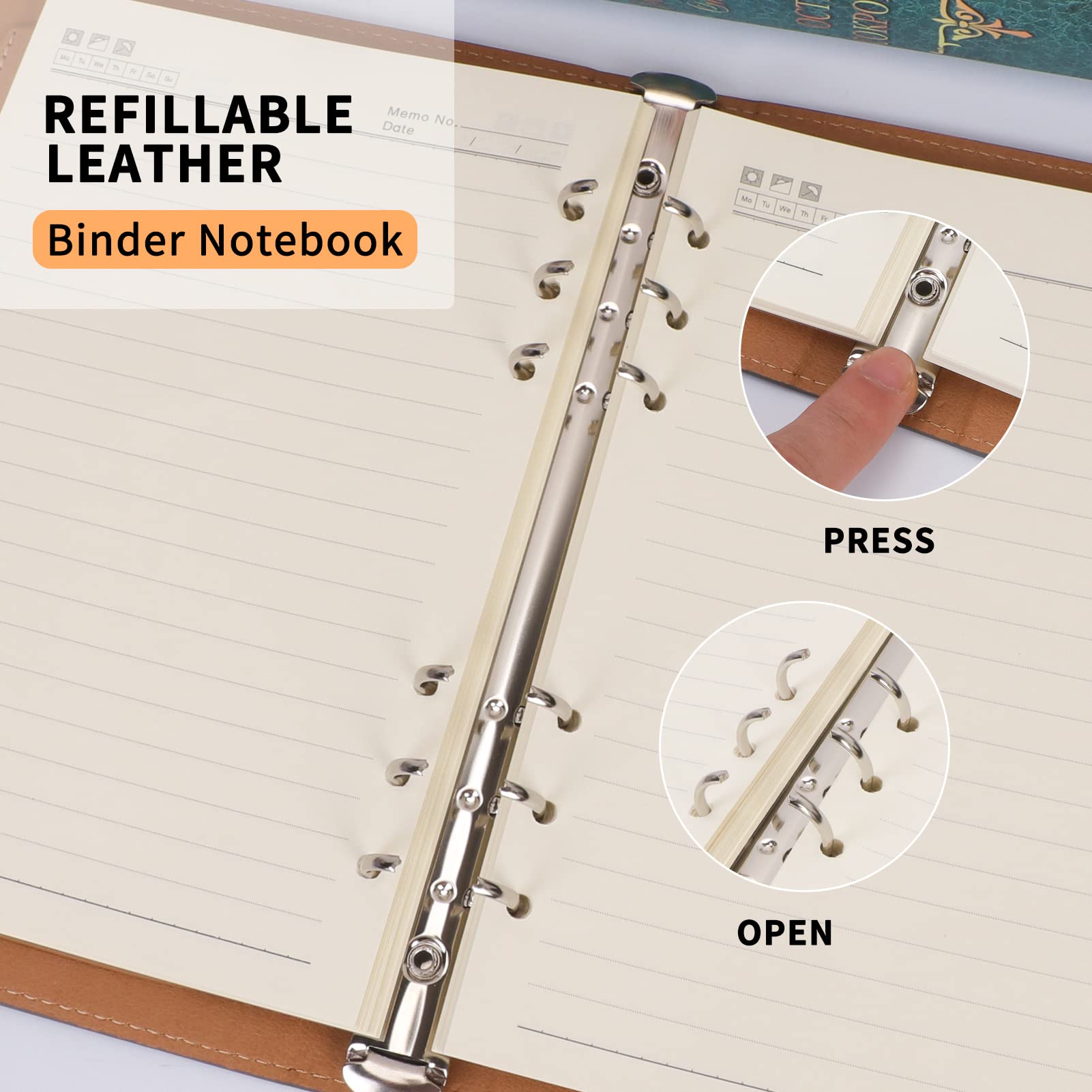 Songaa Leather A5 Ring Binder Notebook, 6 Ring A5 Notebook Binder with Pockets and A5 Refill Papers, Travel Binder Journal with Ring Binder, Refillable Journal Writing Notebook Grey