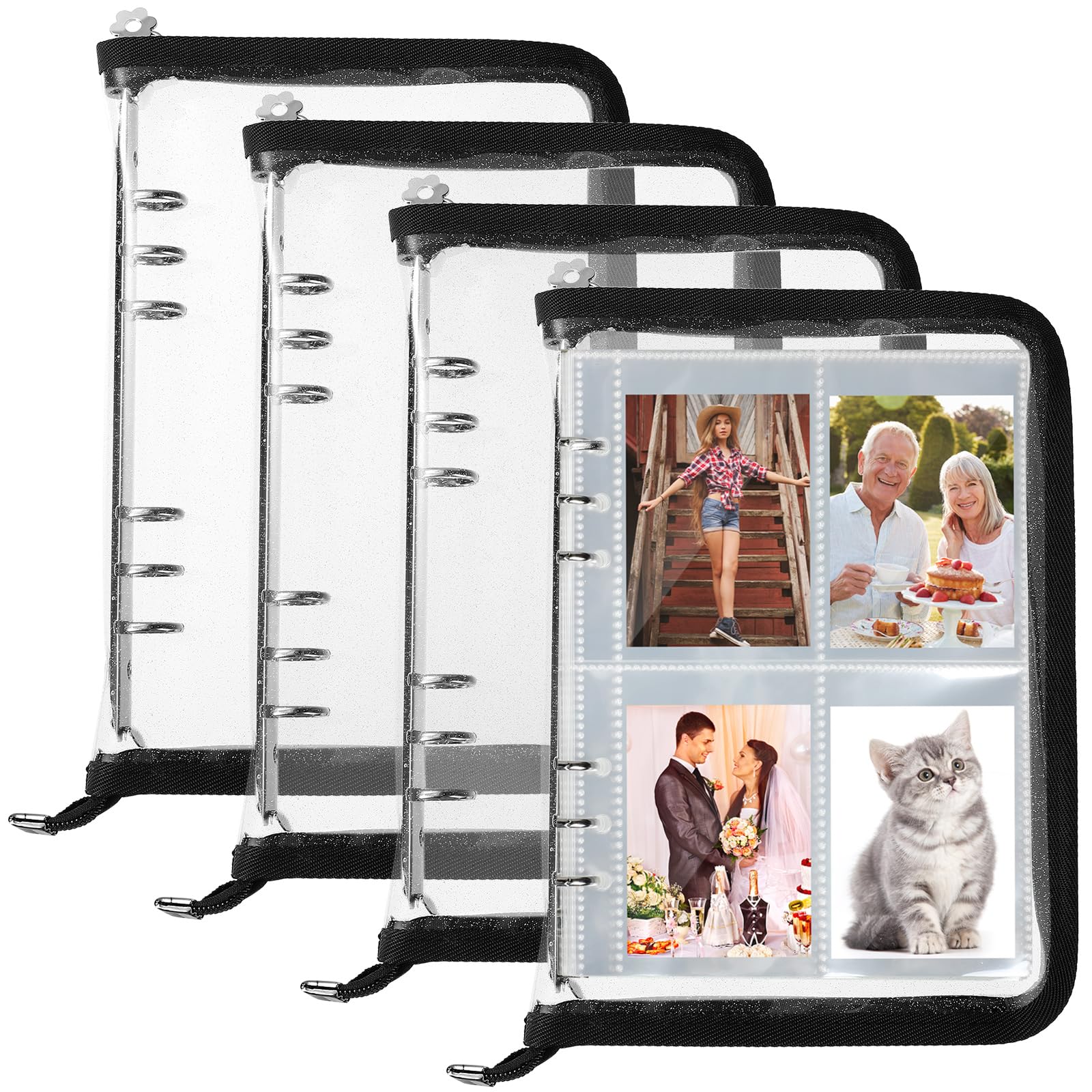 4 Pcs A5 Binder Photocard Binder with Inner 6 Ring, Clear K-Pop A5 Album PVC Photo Album Organizer with Zipper, Soft Reusable Notebook Shell,10"x7"(Black)