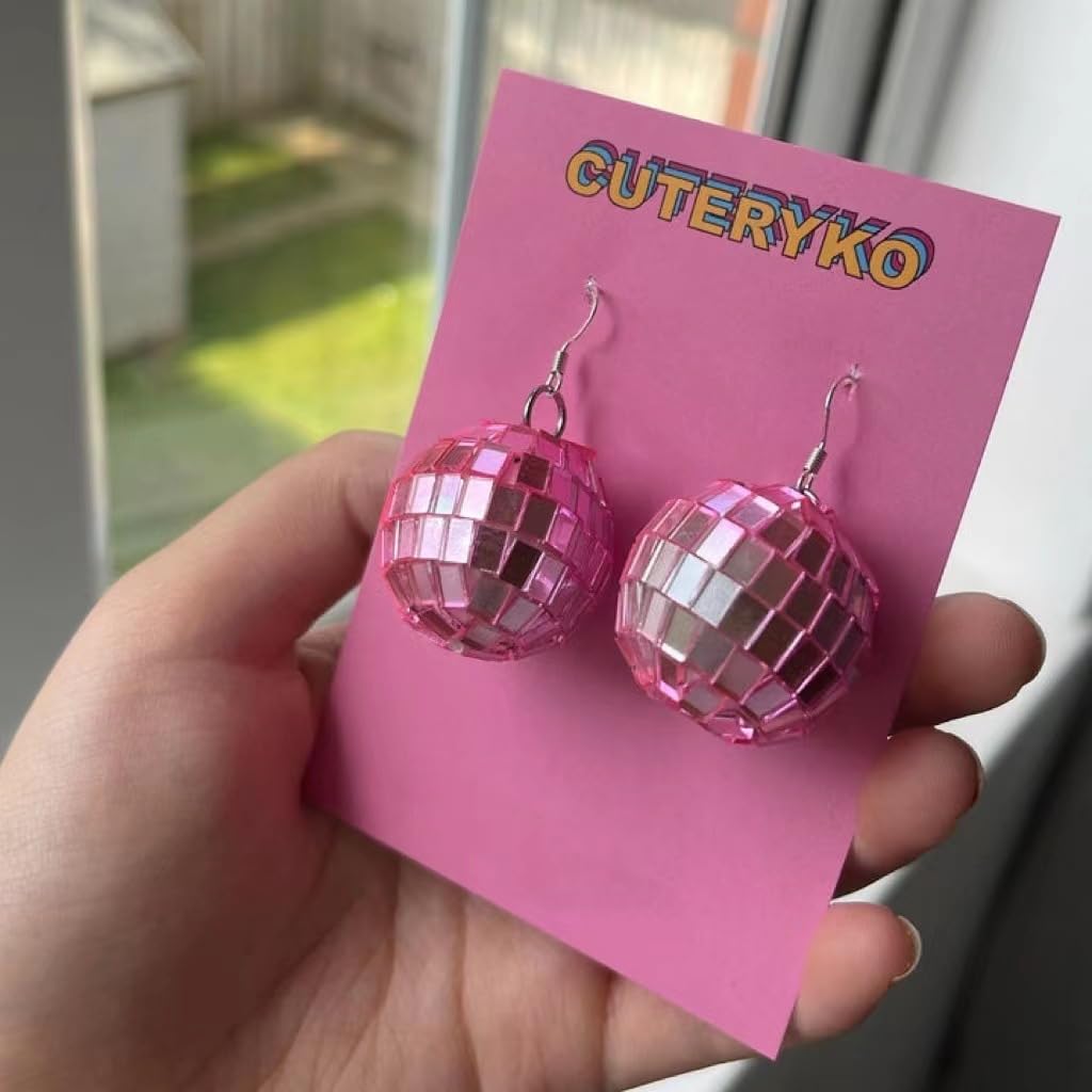 60s 70s Disco Ball Earrings for Women,Retro Neon Hippie Disco Ball Earrings Colorful Mirror Reflective Acrylic Dangle Drop Earrings 80s Halloween Costume Accessories (Pink)