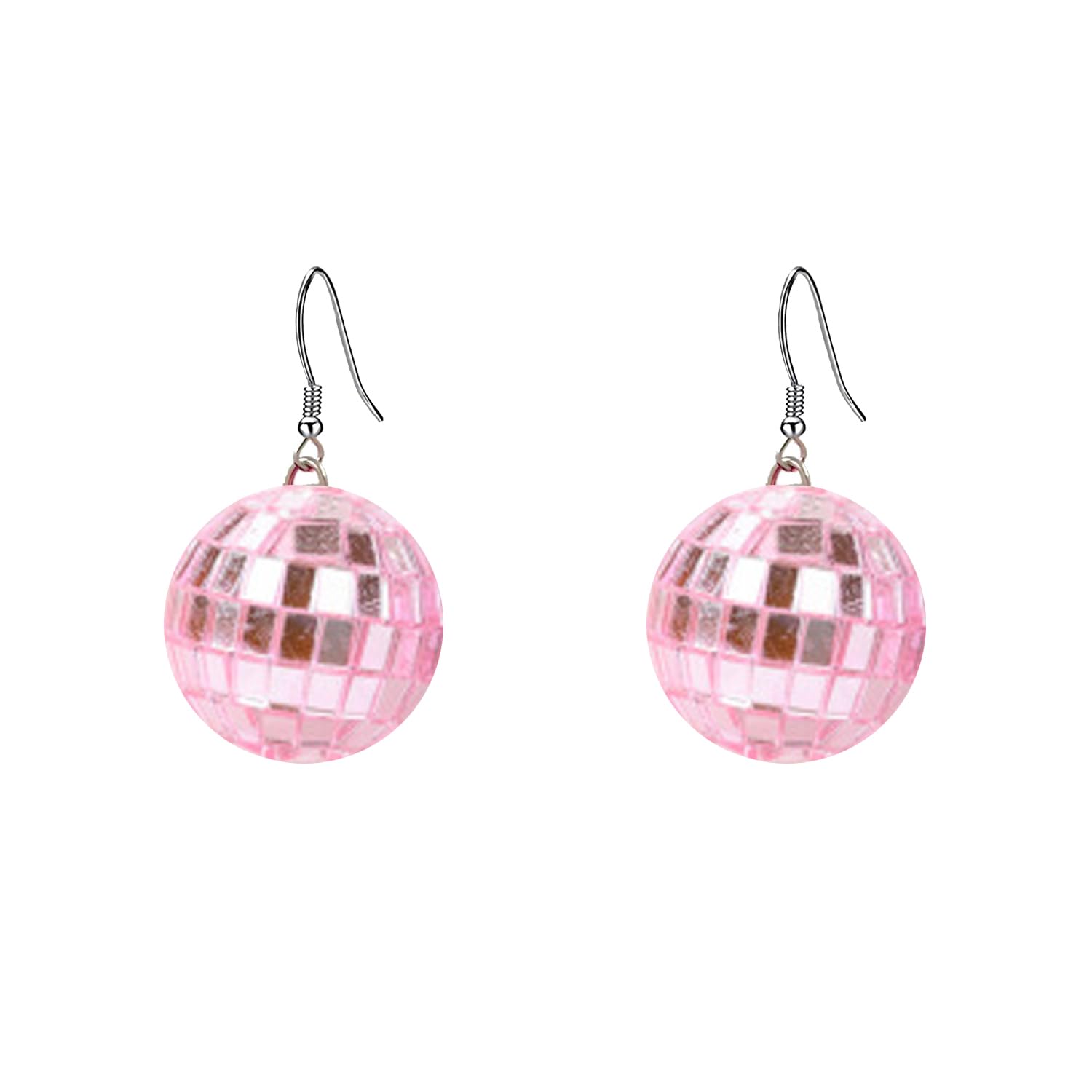 60s 70s Disco Ball Earrings for Women,Retro Neon Hippie Disco Ball Earrings Colorful Mirror Reflective Acrylic Dangle Drop Earrings 80s Halloween Costume Accessories (Pink)