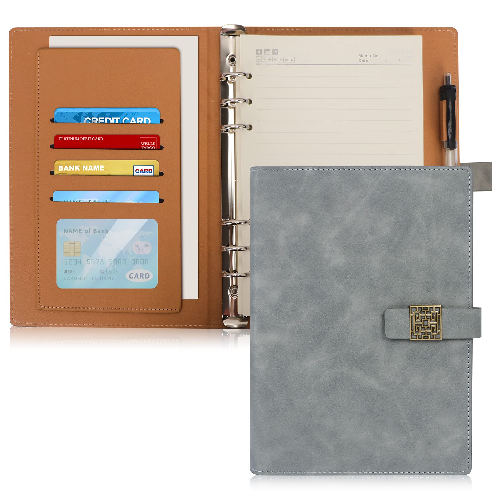 Songaa Leather A5 Ring Binder Notebook, 6 Ring A5 Notebook Binder with Pockets and A5 Refill Papers, Travel Binder Journal with Ring Binder, Refillable Journal Writing Notebook Grey
