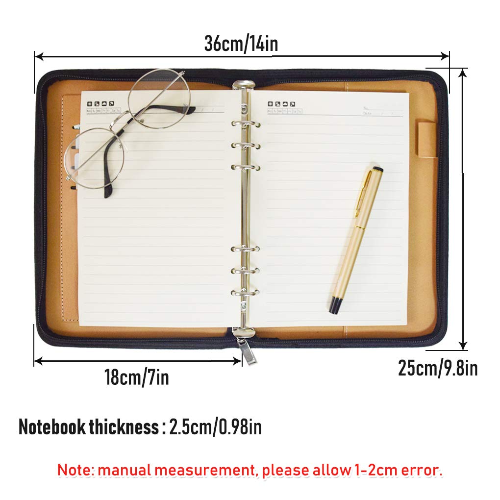 Marte Vanci A5 Padfolio with Calculator PU Leather Business Portfolio Zippered Conference Folder Organizer 6 Ring Lined Notebook Binder Loose Leaf Refillable Travel Journal Gift for Men (Black)
