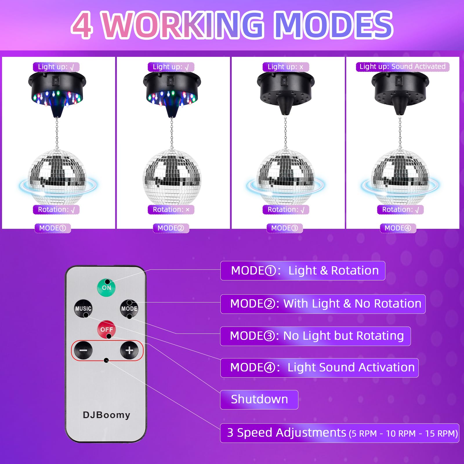 DJBoomy Rotating Disco Ball Motor Light with Remote: 3-Speed Adjustable Mirror Ball Spinner Plug in or Battery Operated - 18RGBW Led Light Up 4 6 8 12 inch Party Disco Balls Rotator
