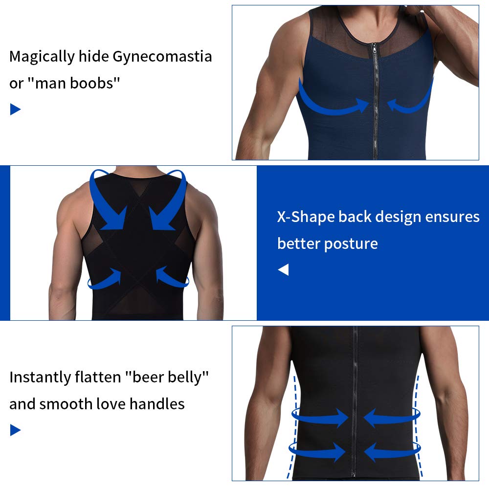 GSKS Compression Shirts for Men Body Shaper Slimming Shirts Shapewear with Zipper Black