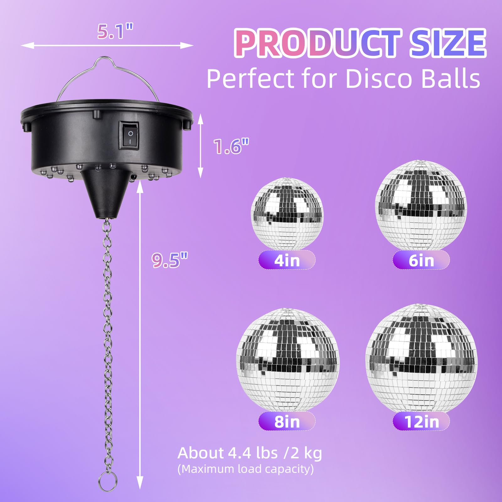 DJBoomy Rotating Disco Ball Motor Light with Remote: 3-Speed Adjustable Mirror Ball Spinner Plug in or Battery Operated - 18RGBW Led Light Up 4 6 8 12 inch Party Disco Balls Rotator