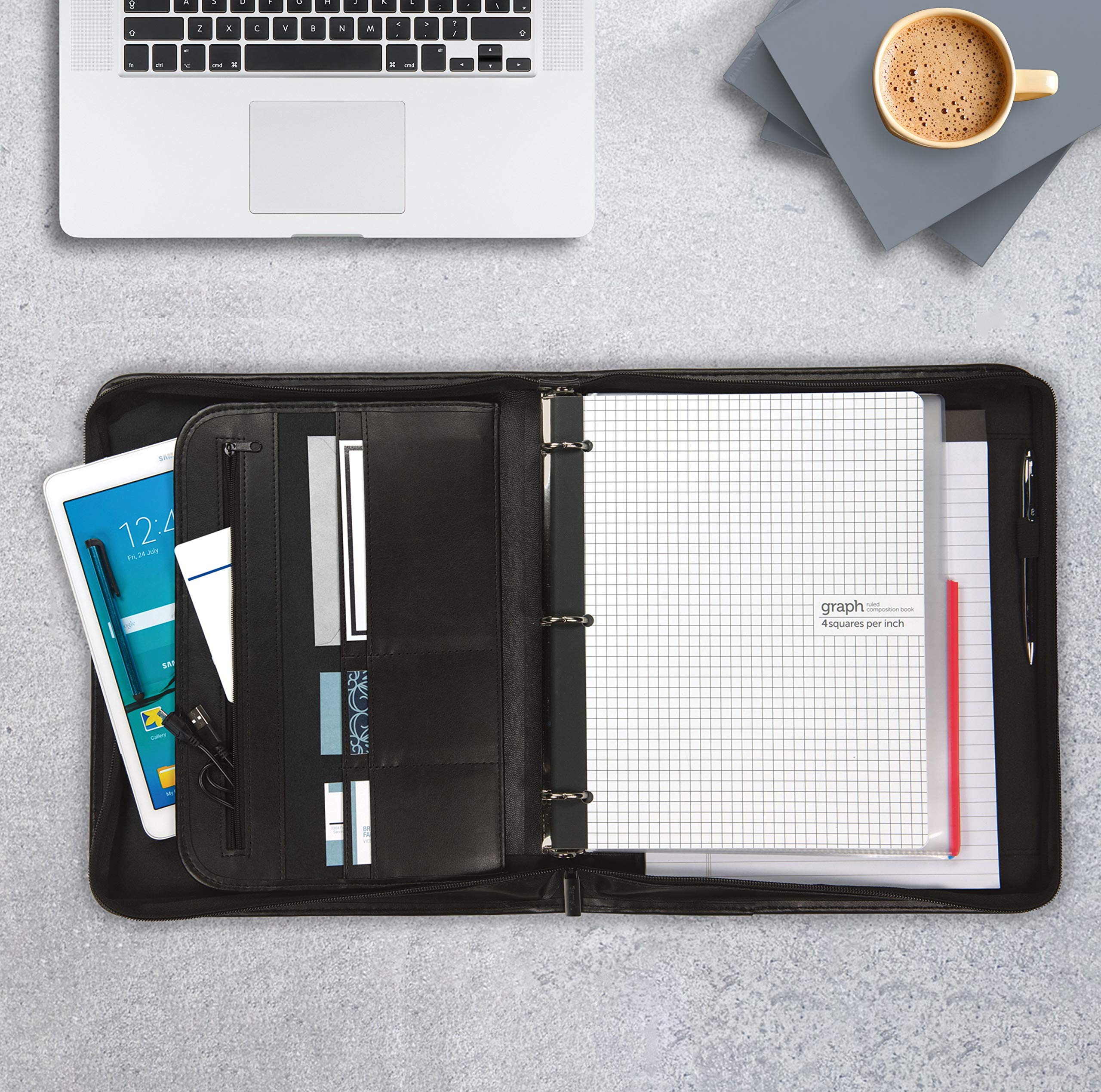Samsill Professional 1-Inch Zipper Binder Padfolio with iPad Pocket, Interview Document Organizer, Includes Refillable 8.5 x 11 Inch Writing Pad and Pen Loop, Black