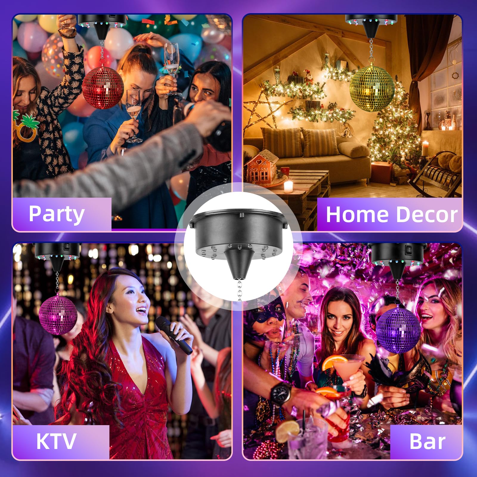 DJBoomy Rotating Disco Ball Motor Light with Remote: 3-Speed Adjustable Mirror Ball Spinner Plug in or Battery Operated - 18RGBW Led Light Up 4 6 8 12 inch Party Disco Balls Rotator