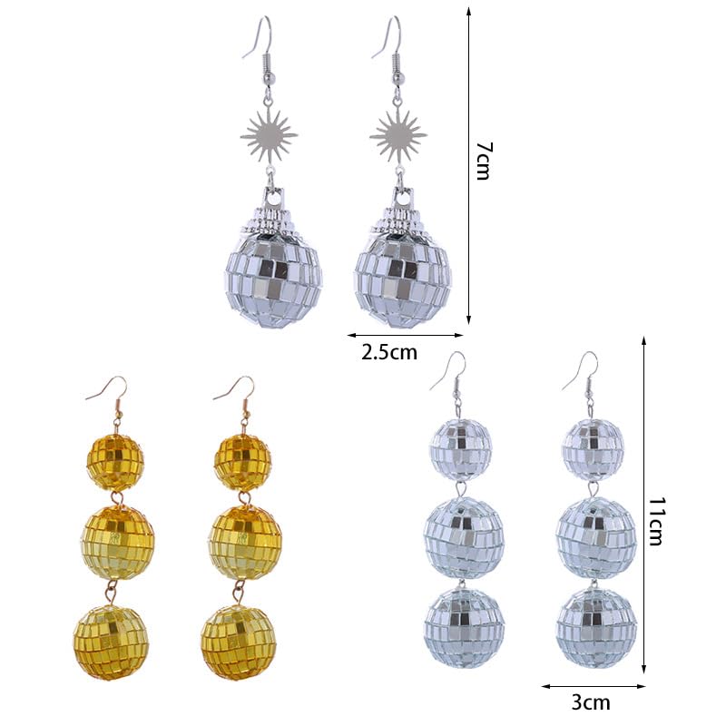 Disco Ball Earrings 60's 70's Silver Mirror Disco Ball Sunflower Pendant Ball Earrings Masquerade Costume Halloween Accessories-B