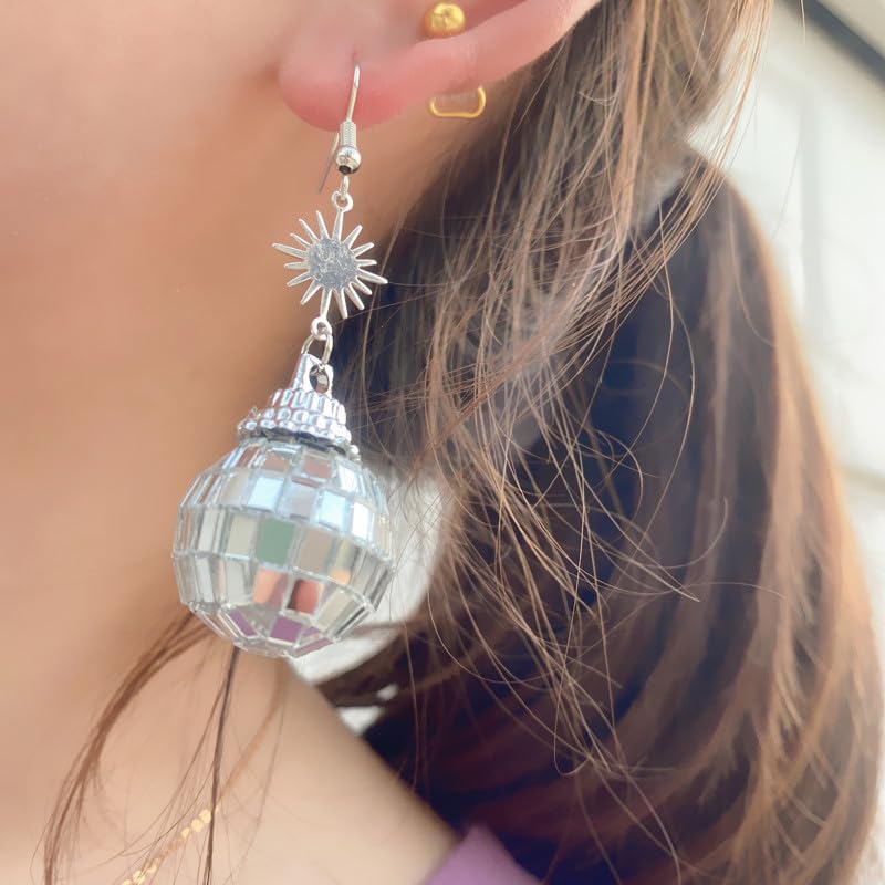 Disco Ball Earrings 60's 70's Silver Mirror Disco Ball Sunflower Pendant Ball Earrings Masquerade Costume Halloween Accessories-B