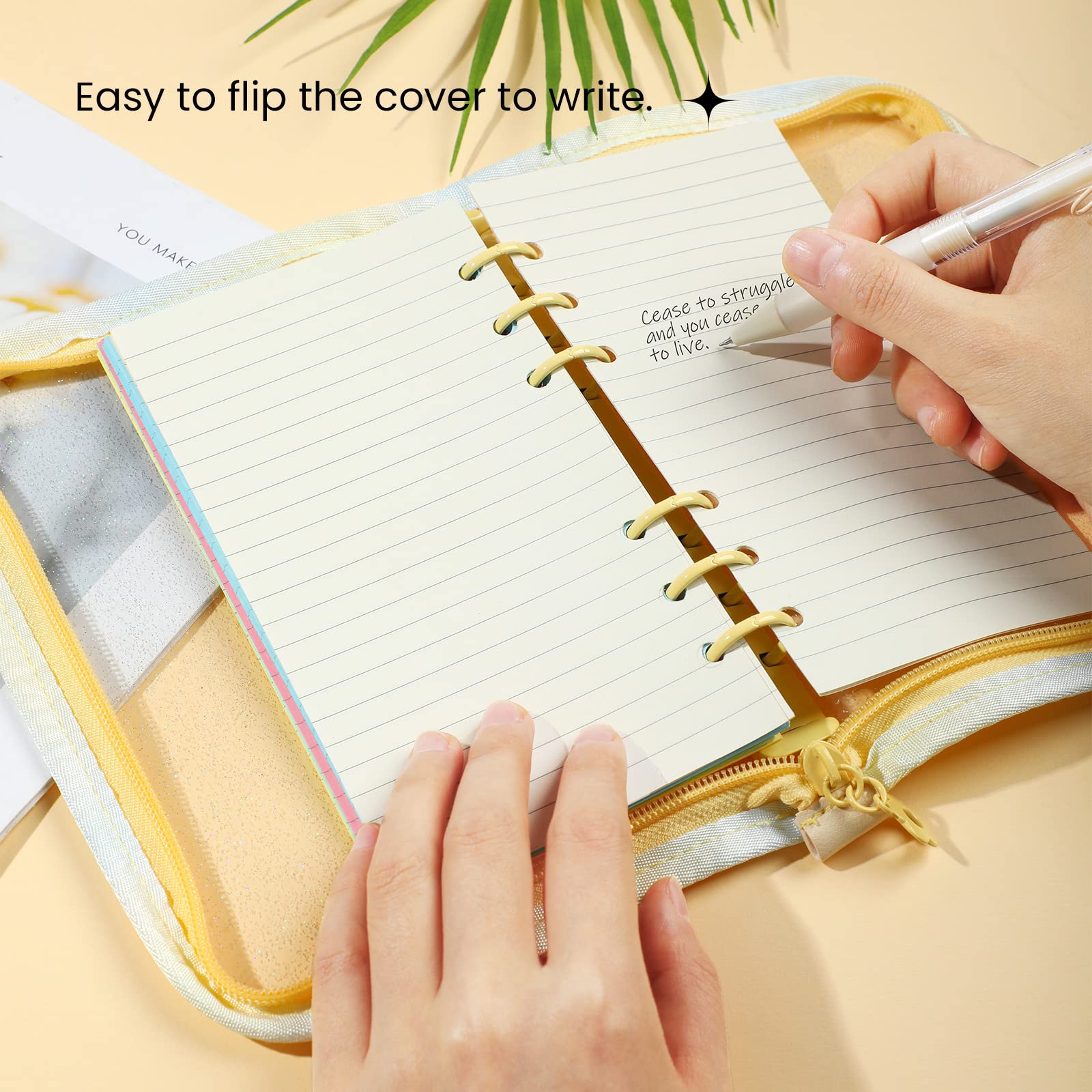 NEWEST A6 Clear Binder Cover with Zipper, 6-Ring Pink Gradient A6 Budget Binder Shell for Cash Budget System, Glitter PVC Refillable Notebook Binder Cover for Planner Journal Photo Album Diary Folder