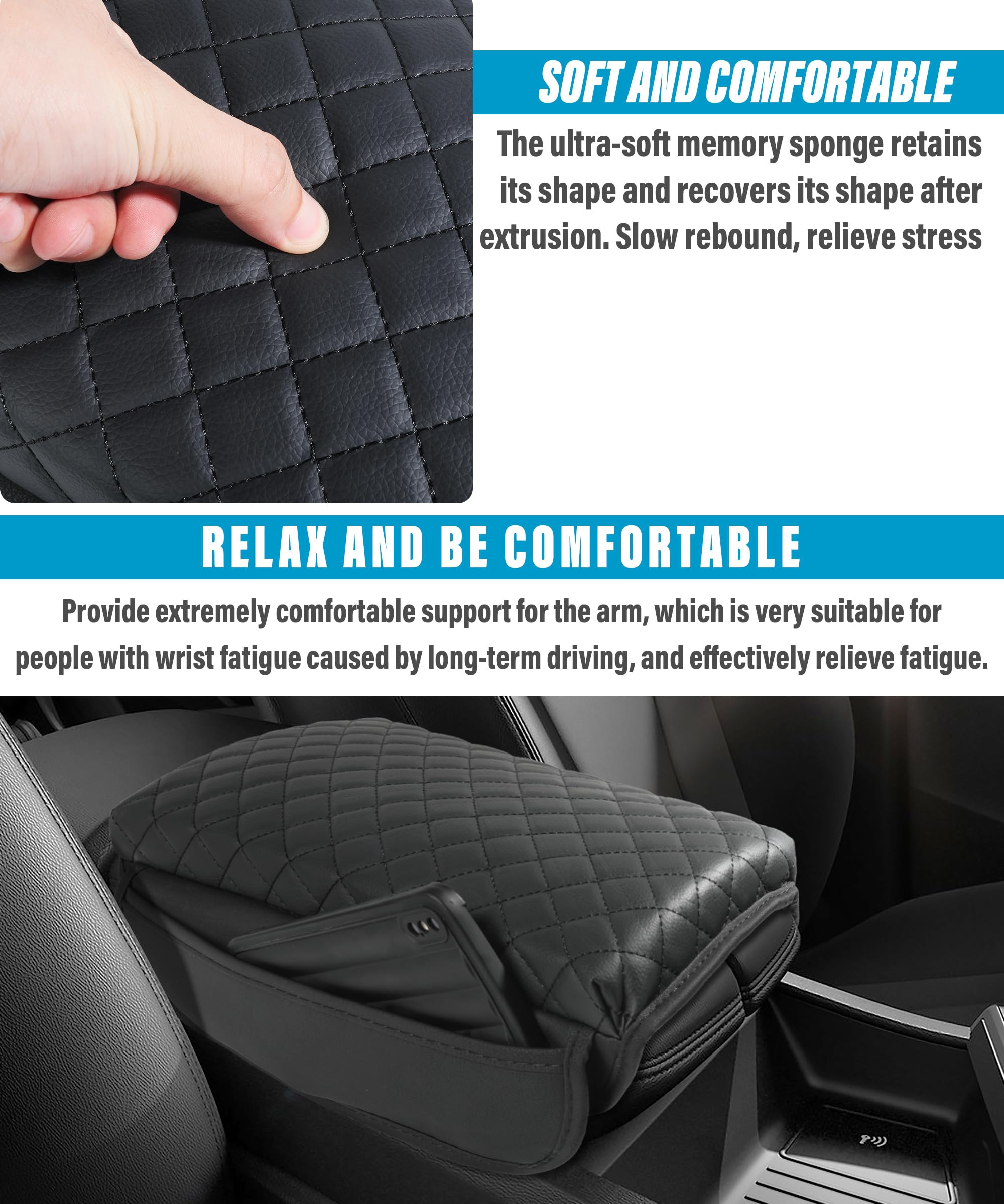 Qziulr Zlirfy Carbon Fiber Leather Armrest Cover for Car,Auto Center Console Pad with Organizer Pockets,Car Armrest Cover,Car Accessories Car Armrest Cushion,Armrest Box Protector(Black)