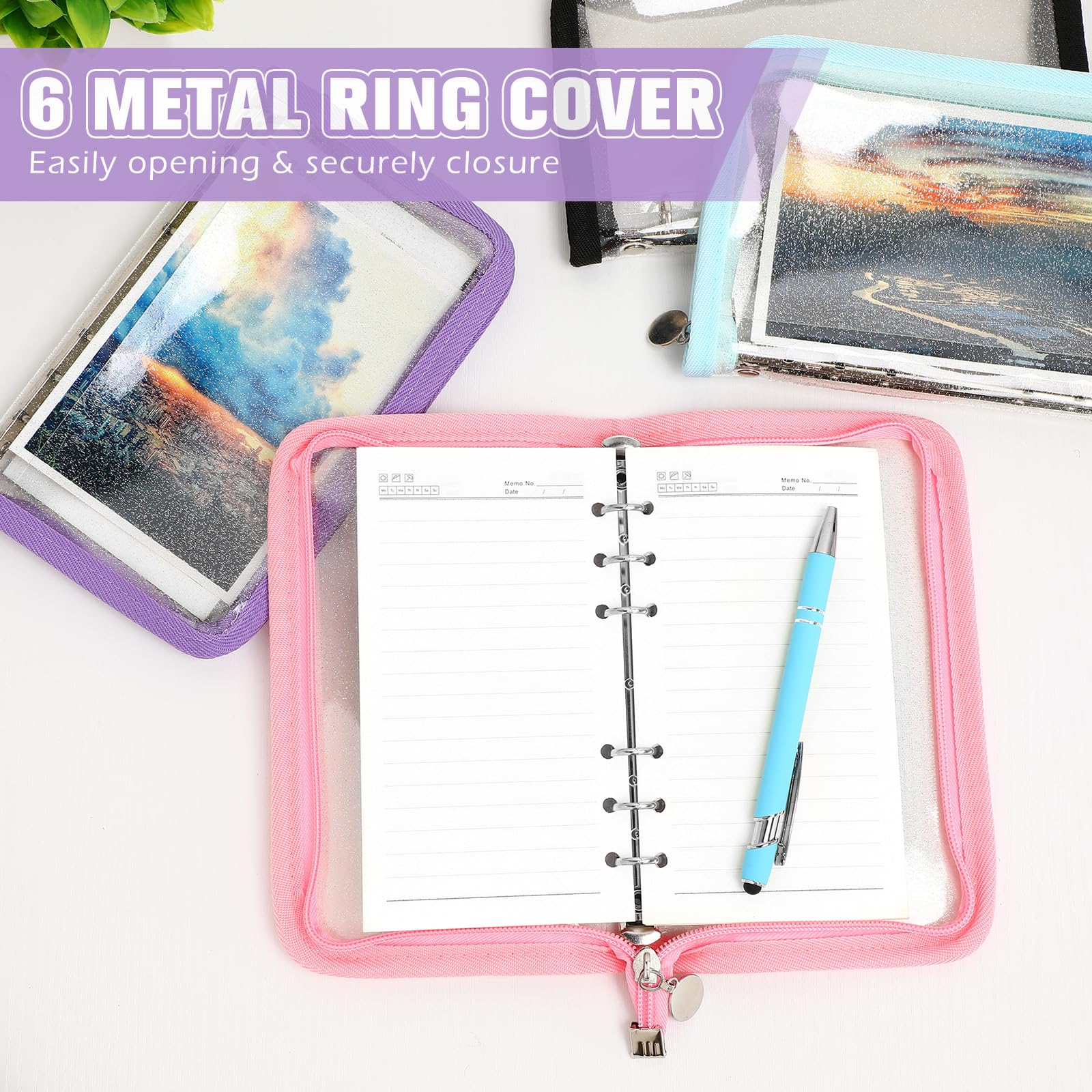 Kosiz 4 Pcs A6 Binder Cover 6 Ring Notebook Binder Clear Soft PVC Zipper Binder A6 Budget Binder Folder A6 Planner Cover Refillable Notebook Shell for Journal Photo Album, 7.9'' x 5.1'' (Multicolor)