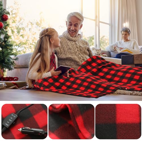 Baquler 2 Pcs Heated Car Blanket 48'' x 35.5'' 12V Portable Electric Blanket with 2 Pcs 12V to USB Adapter Electric Blanket for Car Hi/m/lo Temp for Camping Road Trip Winter Car Truck Accessory