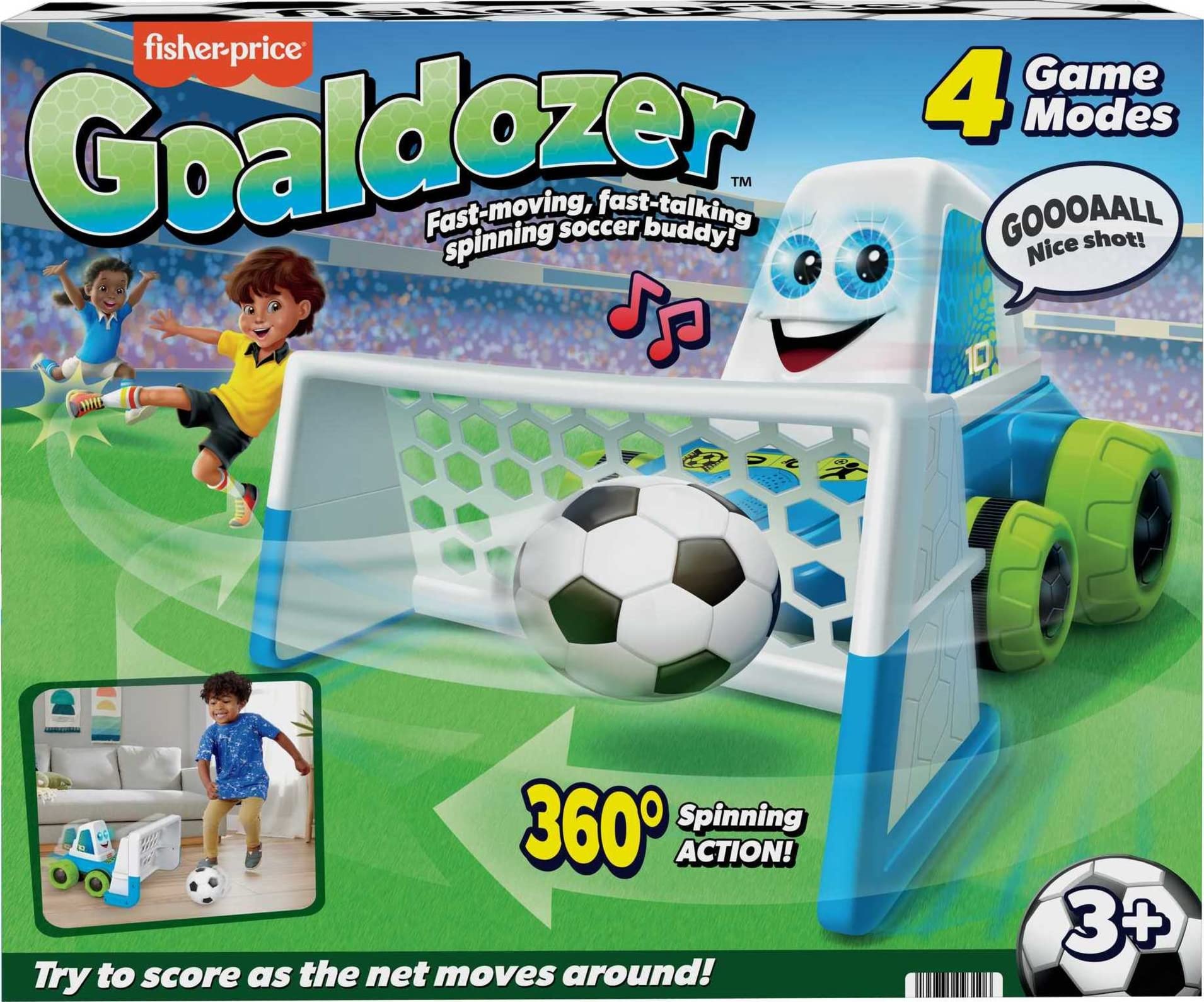 Fisher-Price Preschool Toy Goaldozer Electronic Soccer Game with Net Lights Sounds & Motorized Motion for Sports Play Kids Ages 3+ Years