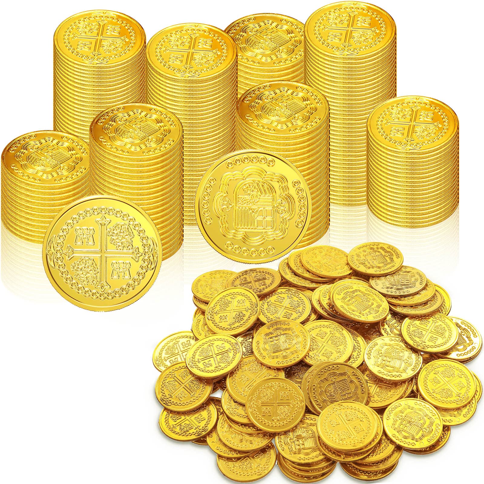 Chivao 300 Pcs Gold Coins Plastic Treasure Pirate Coins Toy Carnival St. Patrick's Day Party Favors Fake Toy Pirate Party Decoration Birthday Adventure Themed Supplies(Gold)